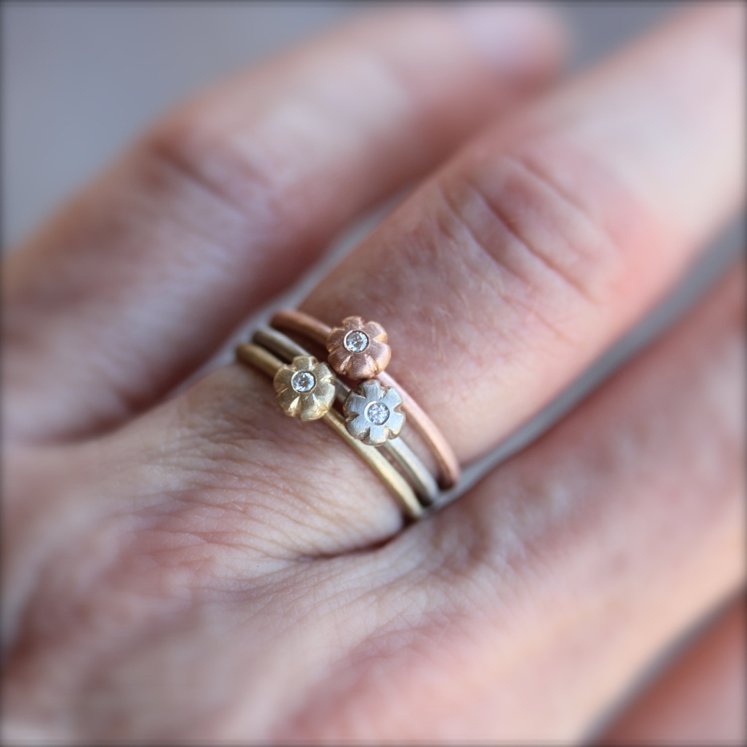 Diamond Stacking Rings 14K Rose Yellow White Gold Delicate - Etsy