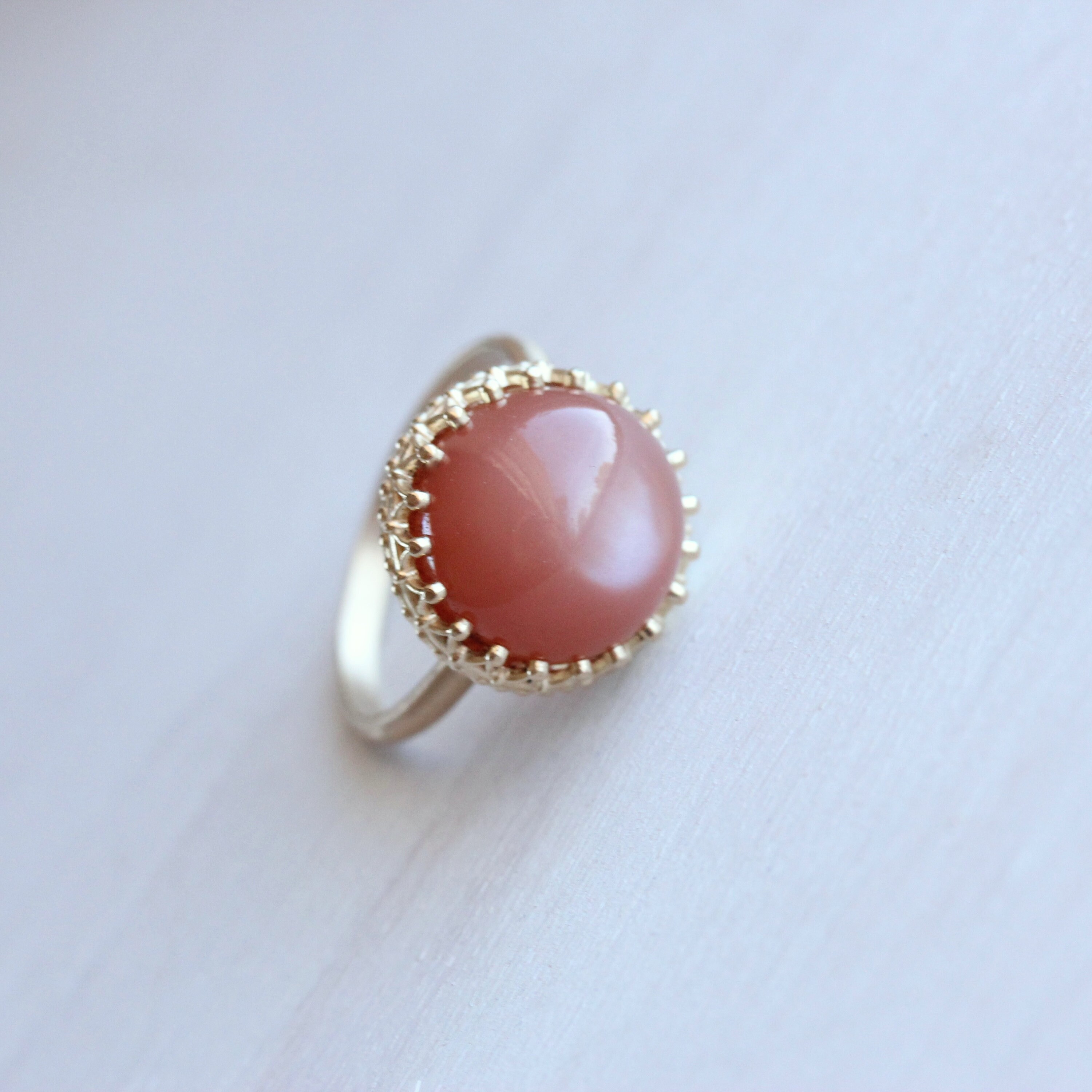 Peach Moonstone Crown Engagement Ring Romantic 14K Yellow Gold Bridal ...