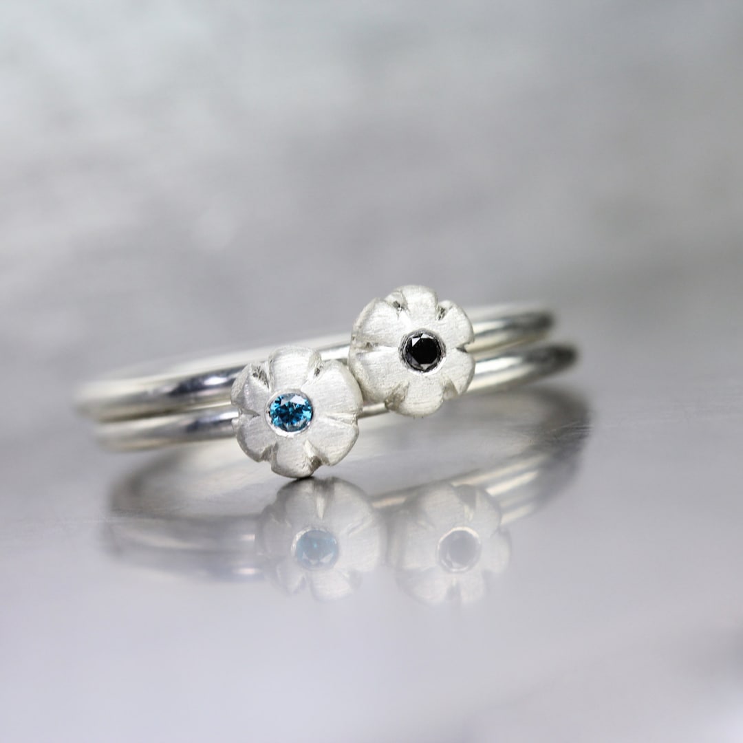 Cute Flower Stacking Rings Blue or Black Diamond Silver Delicate Floral ...