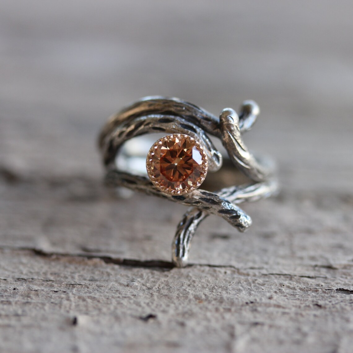 Branch Engagement Wedding Ring Set Silver 14K Yellow Gold CZ | Etsy