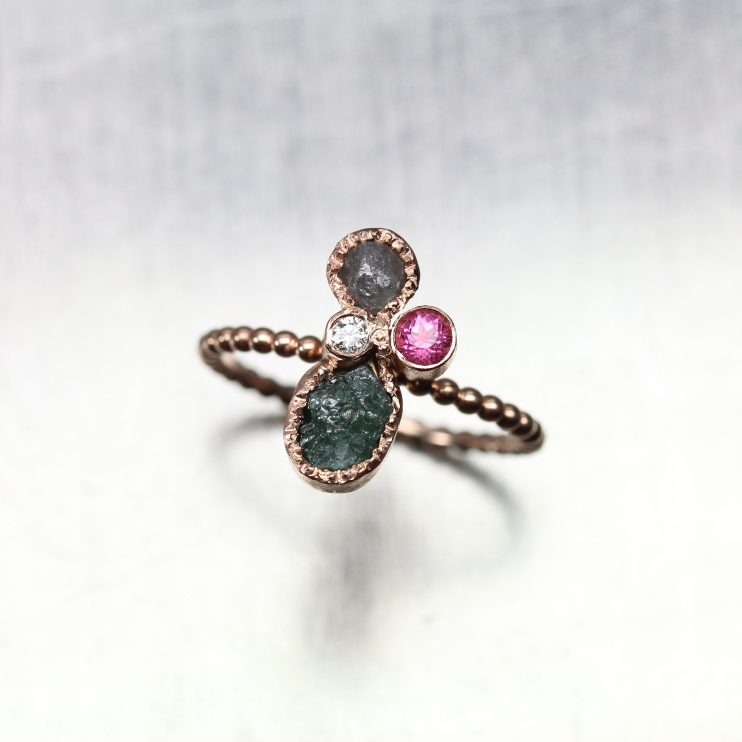 Multicolored Rough Diamond Cluster Engagement Ring 14K Rose | Etsy