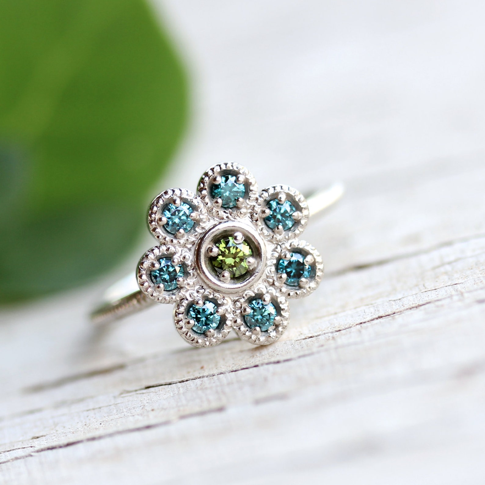 Floral Blue Green Diamond Engagement Ring 14K White Gold - Etsy