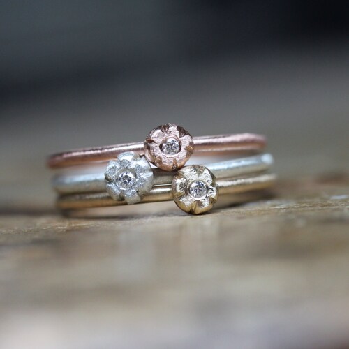 Cute Flower Diamond Stacking Rings Silver or 14K Yellow - Etsy