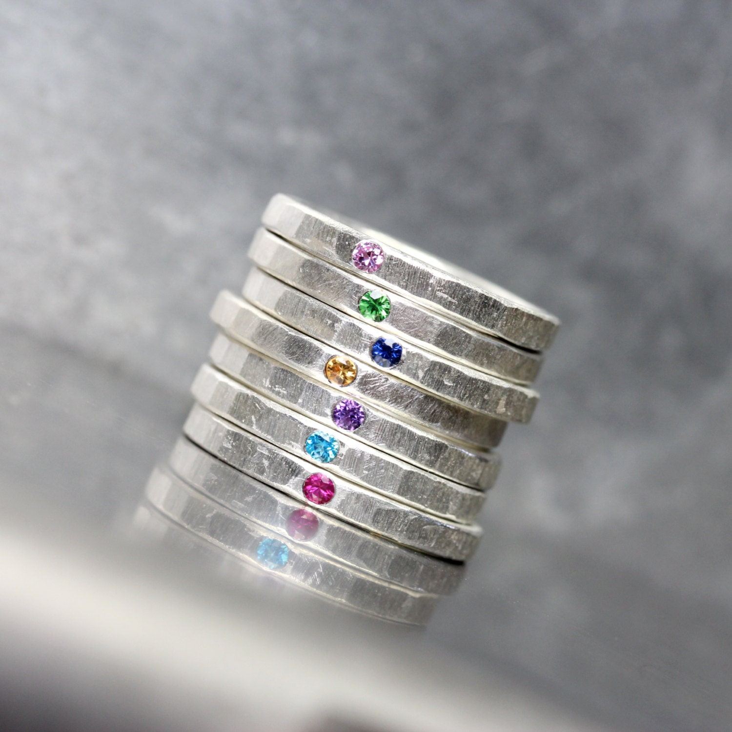 Multicolored Gemstone Stacking Rings Hammered Textured Silver | Etsy