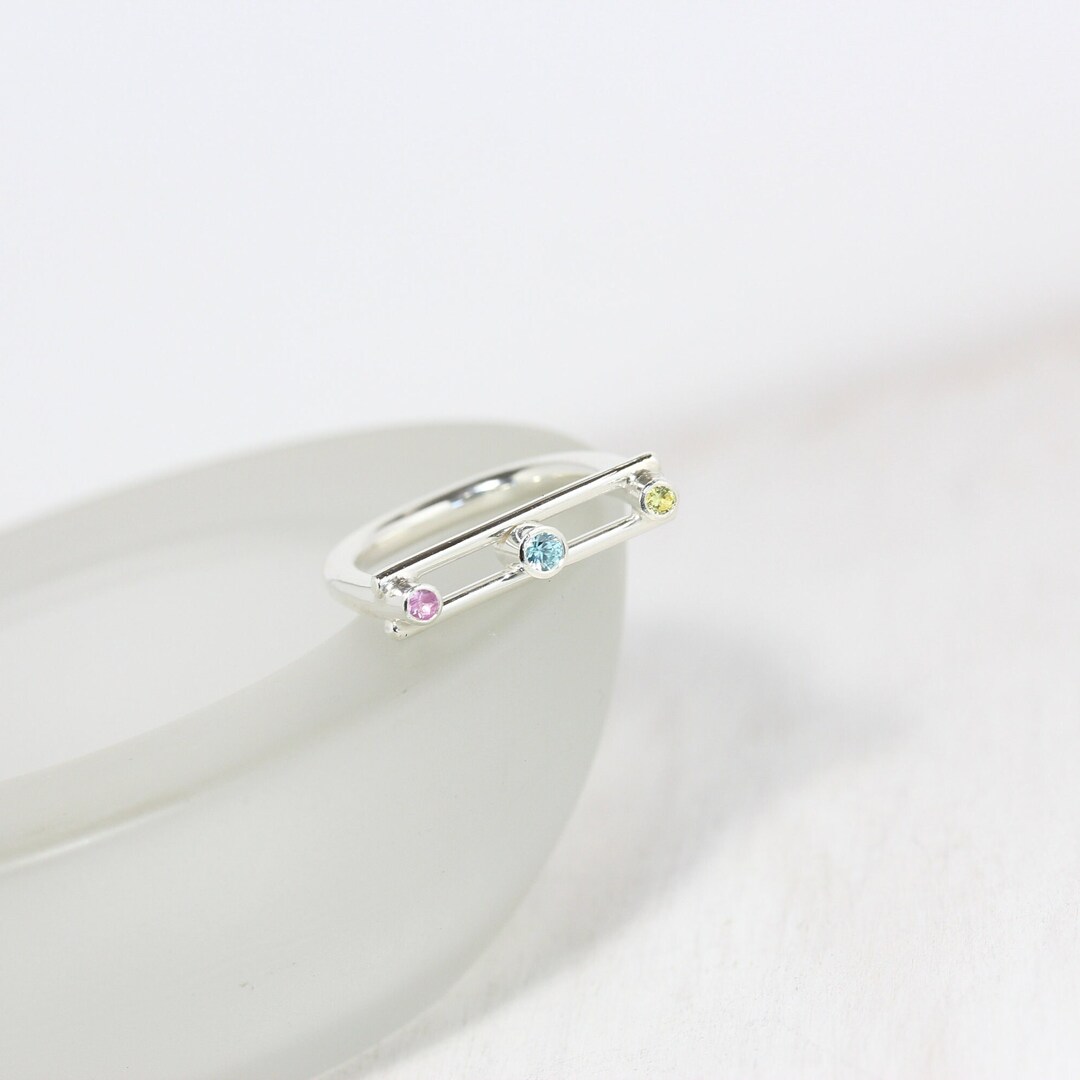 Unique Moveable 3 Stone Sapphire Zircon Silver Ring Modern Pastel Blue ...
