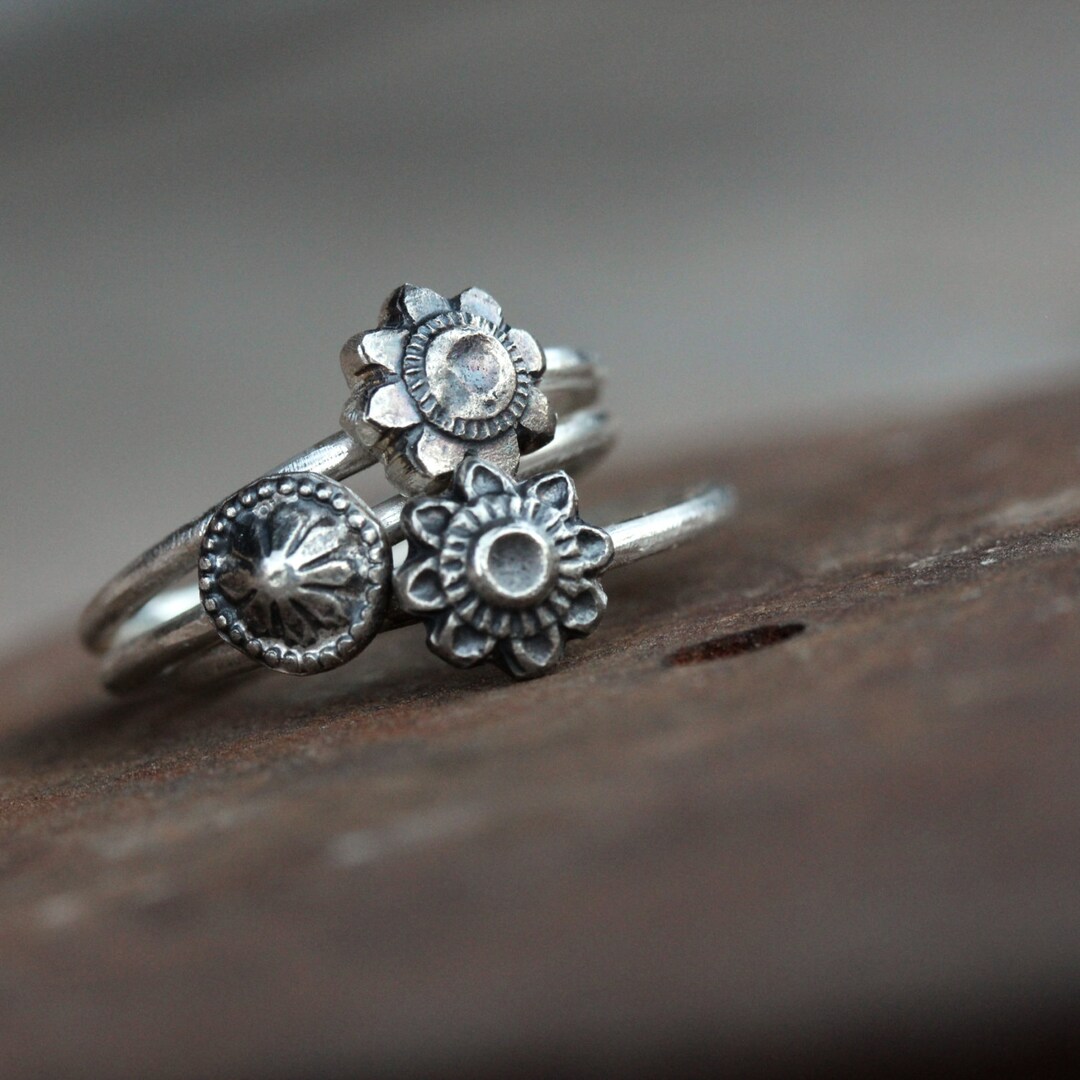Antique Style Silver Flower Stacking Rings Delicate Primitive Rustic ...