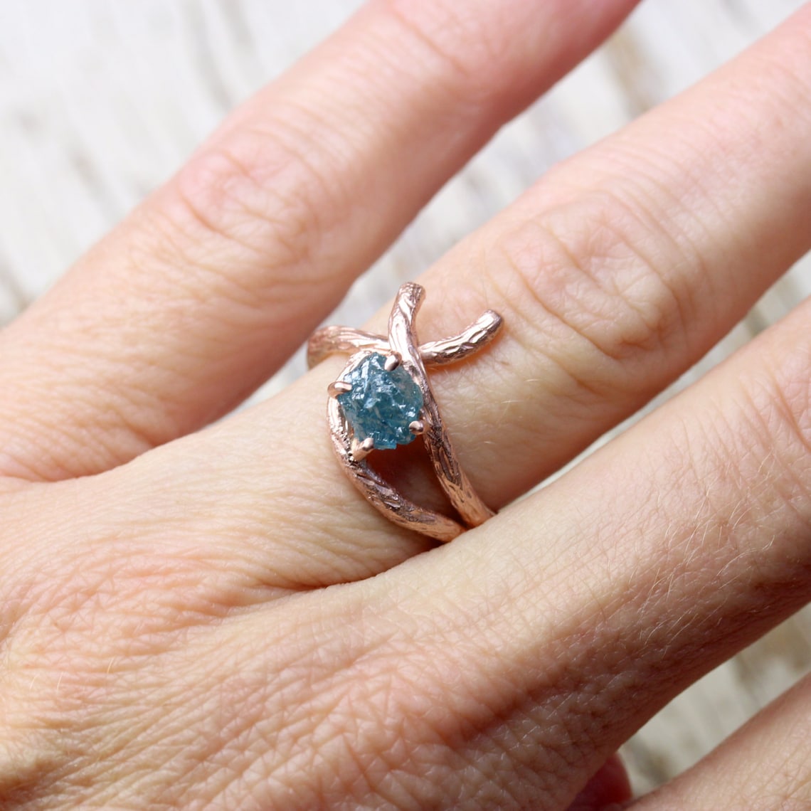 Rough Blue Diamond Branch Engagement Ring 14k Rose Gold Pink - Etsy