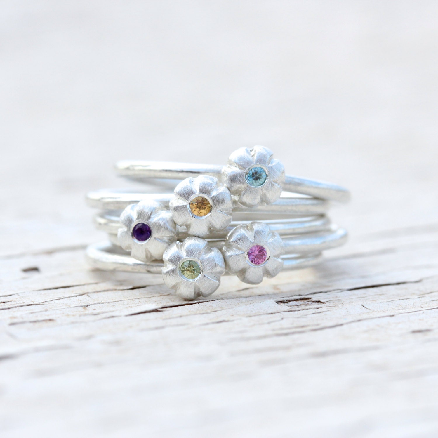 Boho Floral Gemstone Stacking Rings Silver Pink Sapphire - Etsy