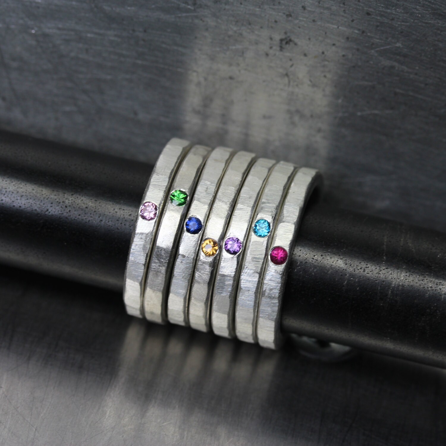 Multicolored Gemstone Stacking Rings Hammered Textured Silver | Etsy