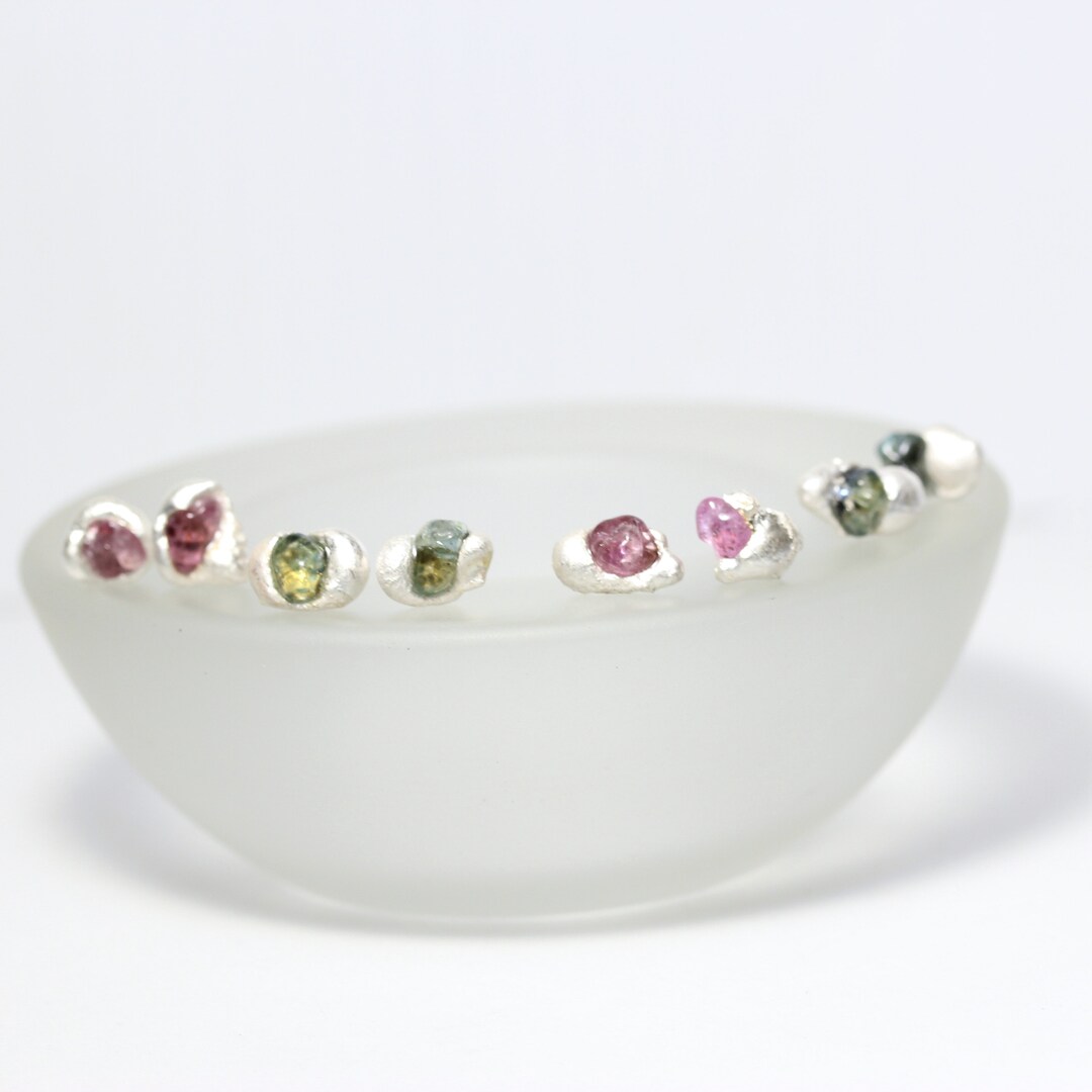 Tiny Rough Alluvial Madagascar Sapphire Stud Earrings Freeform Silver ...