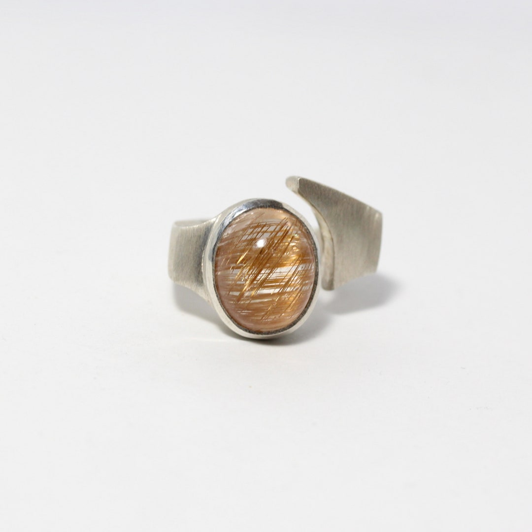 Modern Silver Rutilated Quartz Ring Golden Rutile Inclusions Large ...