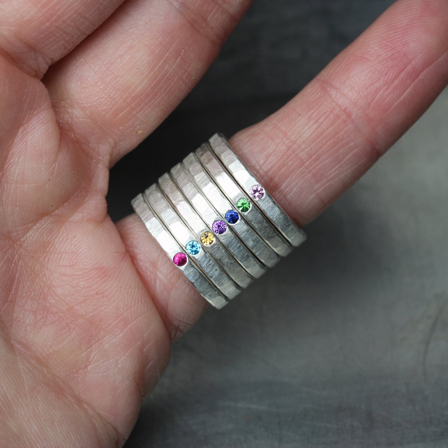 Multicolored Gemstone Stacking Rings Hammered Textured Silver | Etsy