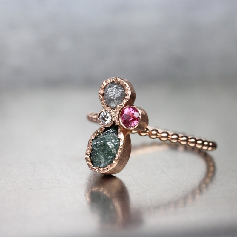 Multicolored Rough Diamond Cluster Engagement Ring 14K Rose - Etsy