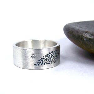 Modern Wide Men's Wedding Band Silver Small Diamond Oxidized Pattern ...