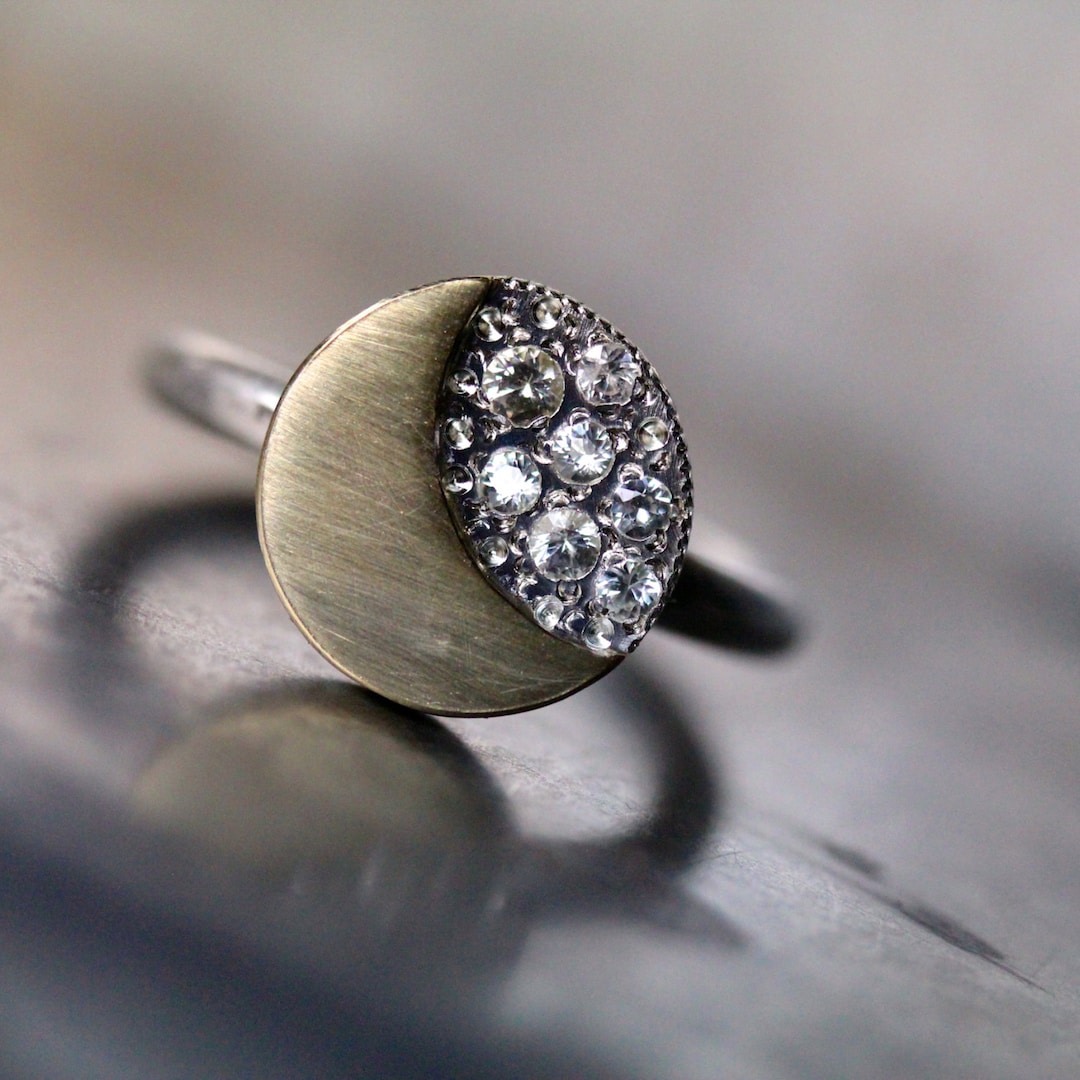 Moon and Stars Engagement Ring 14K Yellow Gold Silver 7 Sparkly White ...