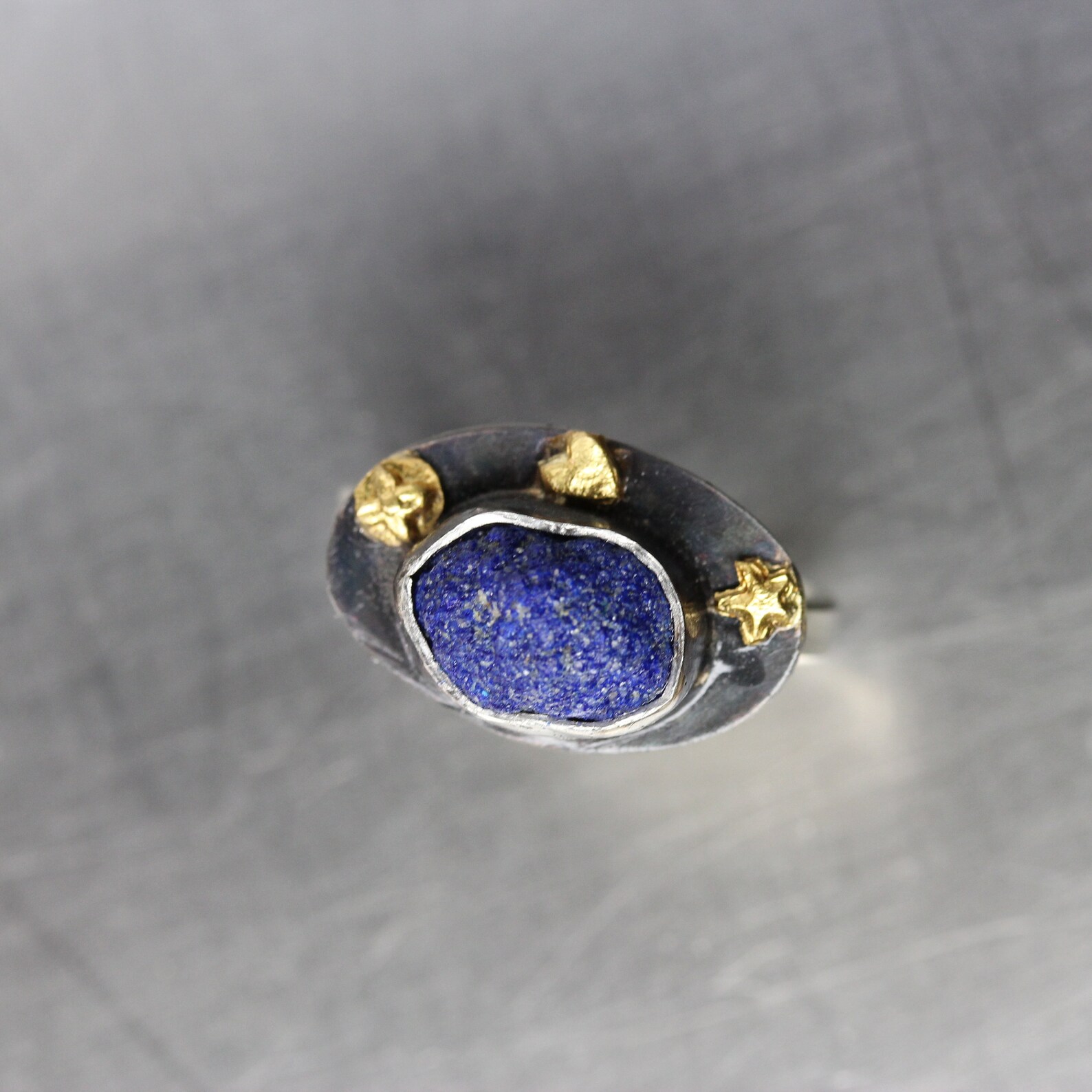 Raw Azurite Blue Planet Ring Oxidized Silver 22k Yellow Gold | Etsy