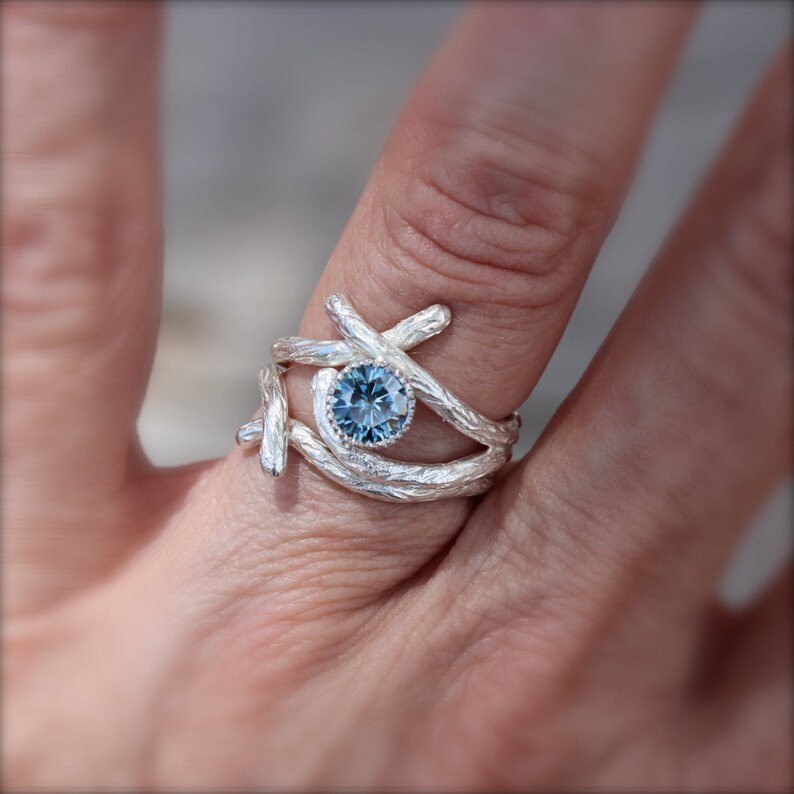 Branch Engagement Ring or Bridal Set Blue Moissanite Silver - Etsy