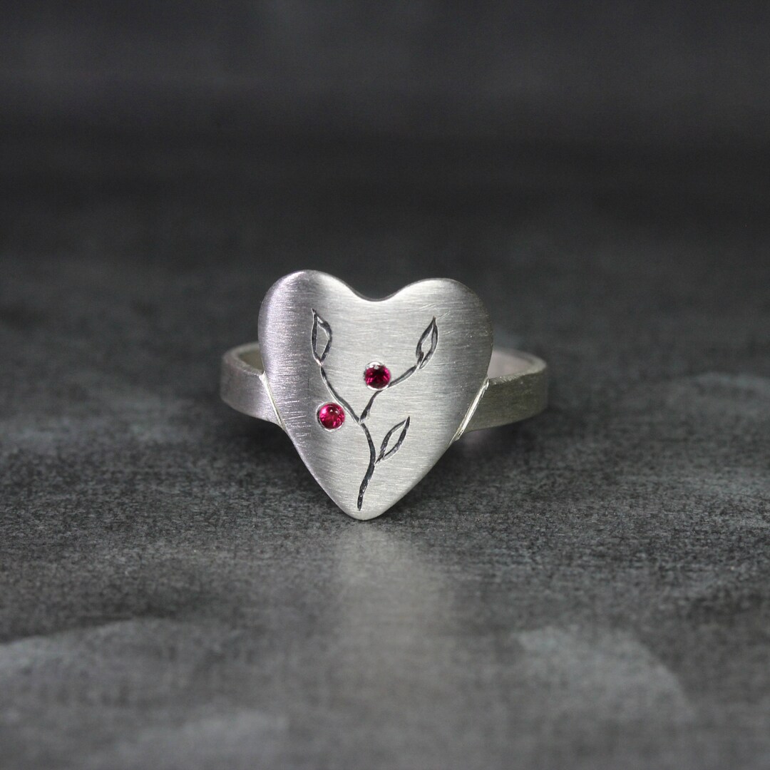 Unique Heart Signet Ring Silver Pink Red Ruby Romantic Valentine's Day ...