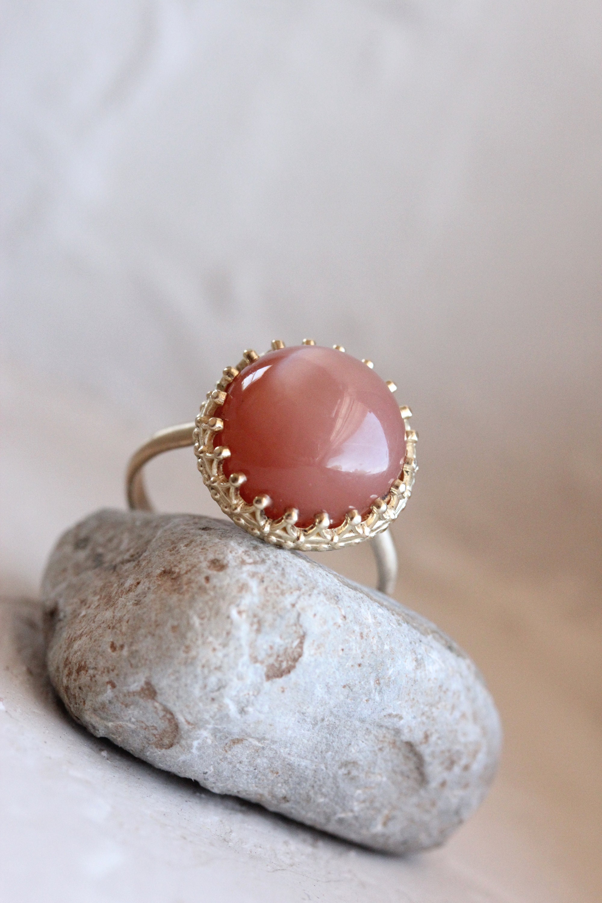 Peach Moonstone Crown Engagement Ring Romantic 14K Yellow Gold Bridal ...