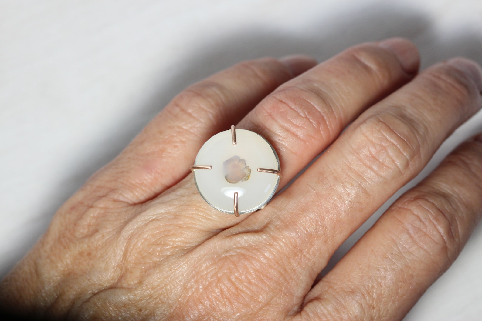 Large White Agate Statement Ring Floral Inclusion Silver 14K - Etsy