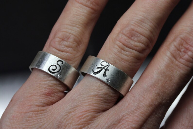 Unisex Hand Stamped Initial Wedding Ring White Diamond Sterling Silver ...