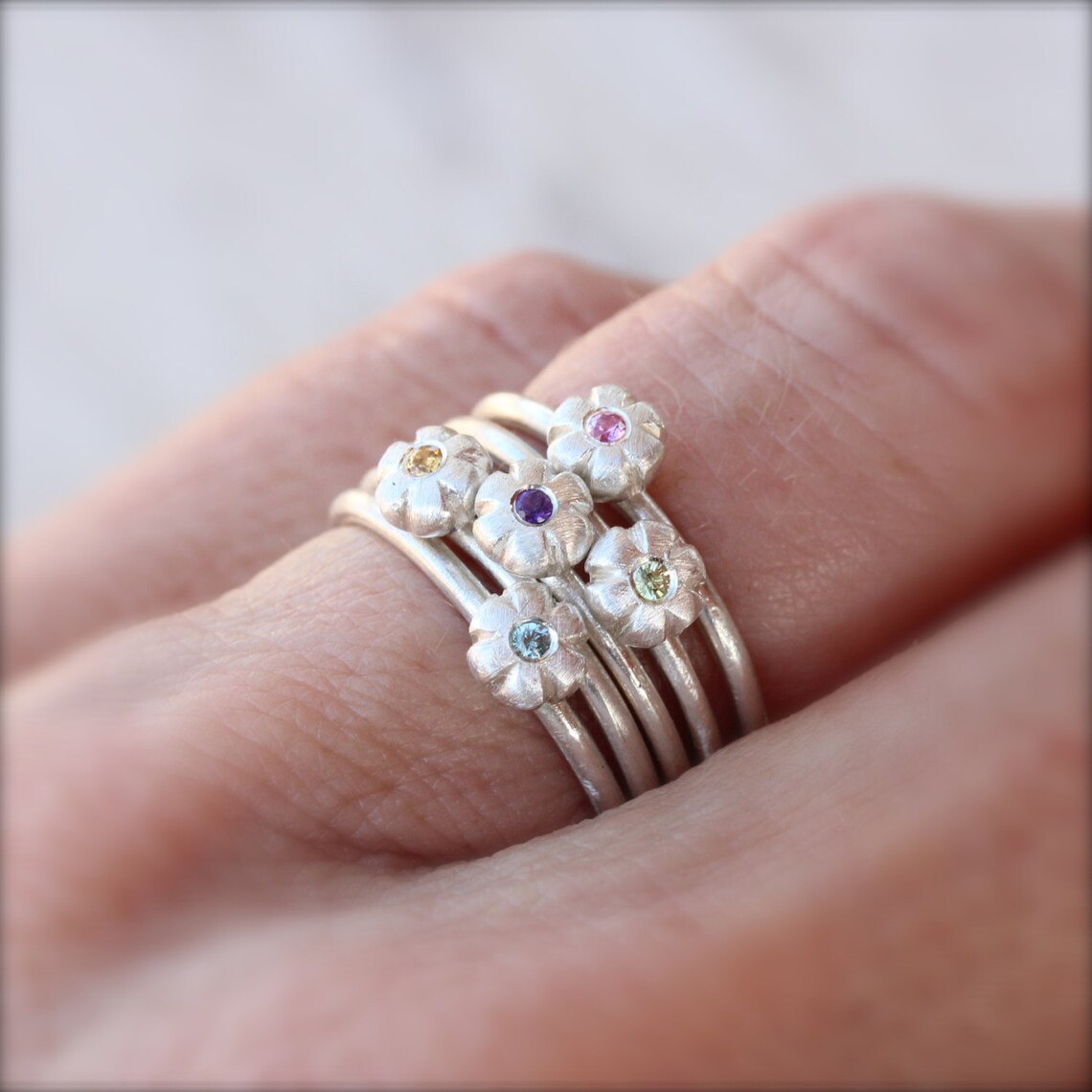 Boho Floral Gemstone Stacking Rings Silver Pink Sapphire | Etsy