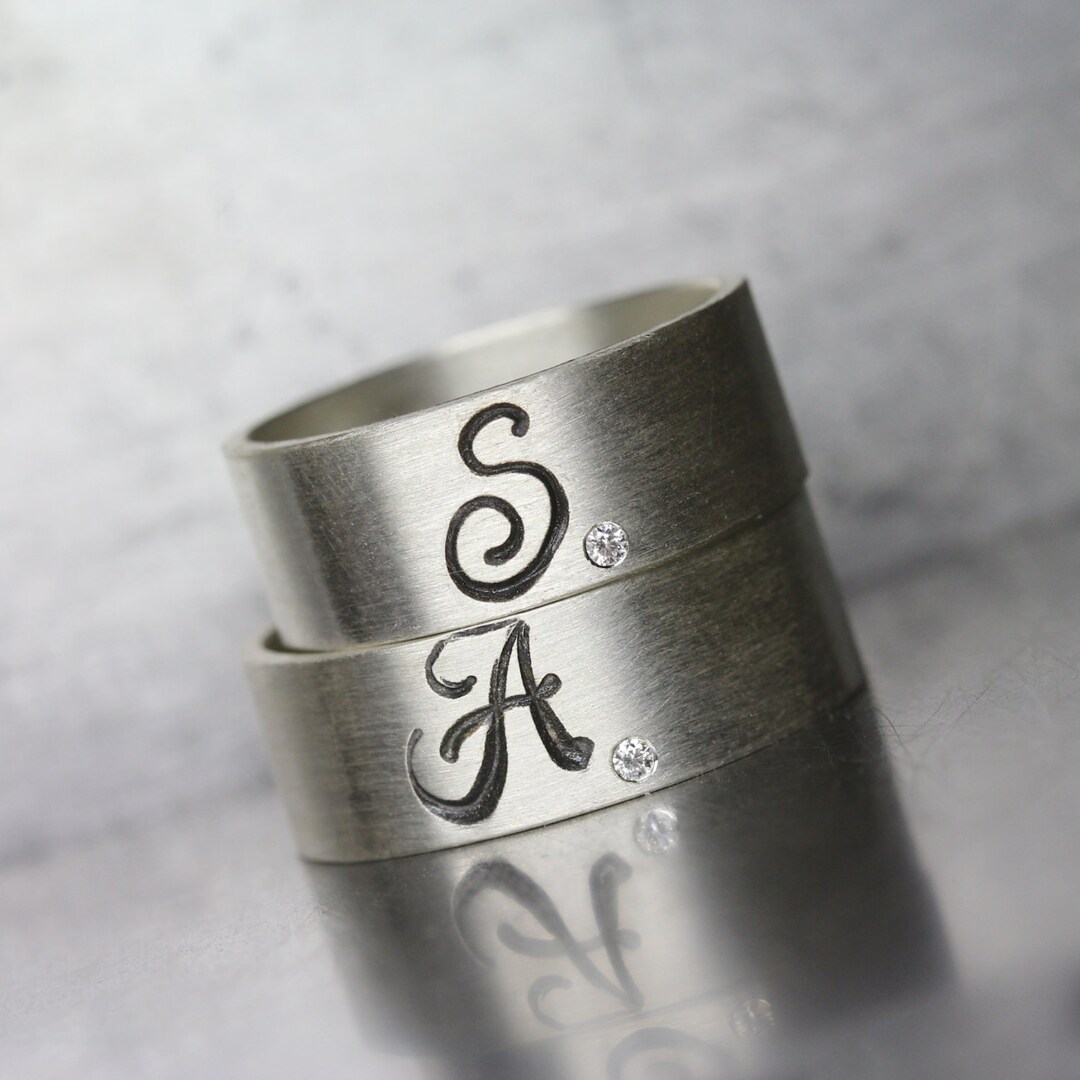 Unisex Hand Stamped Initial Wedding Ring White Diamond Sterling Silver ...