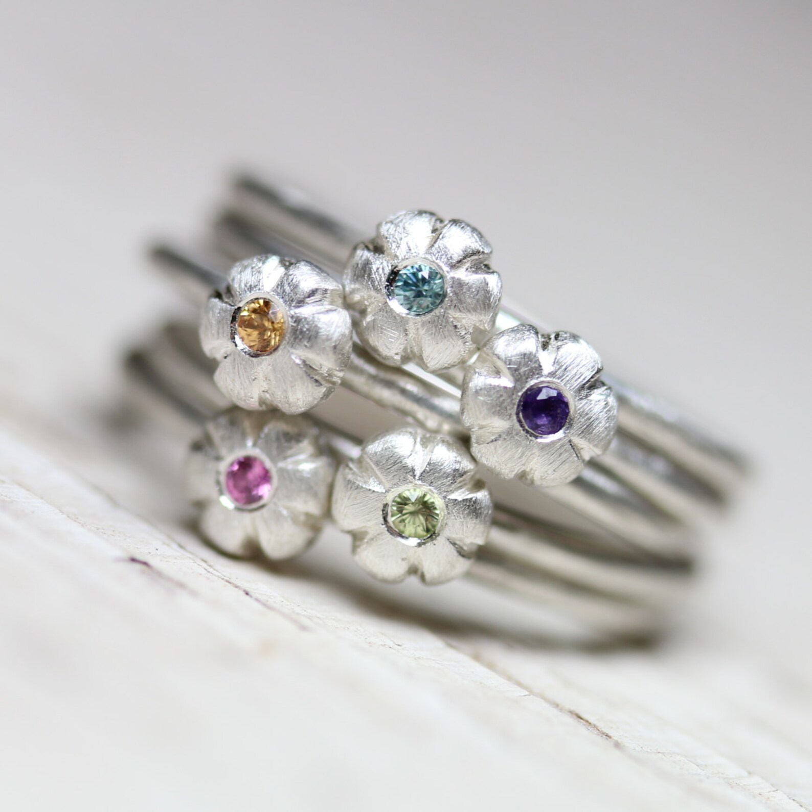 Boho Floral Gemstone Stacking Rings Silver Pink Sapphire - Etsy