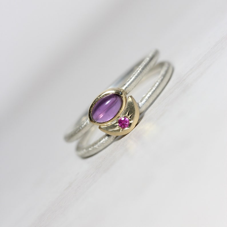 Delicate Amethyst and Ruby Wedding Ring Set 14K Yellow Gold - Etsy