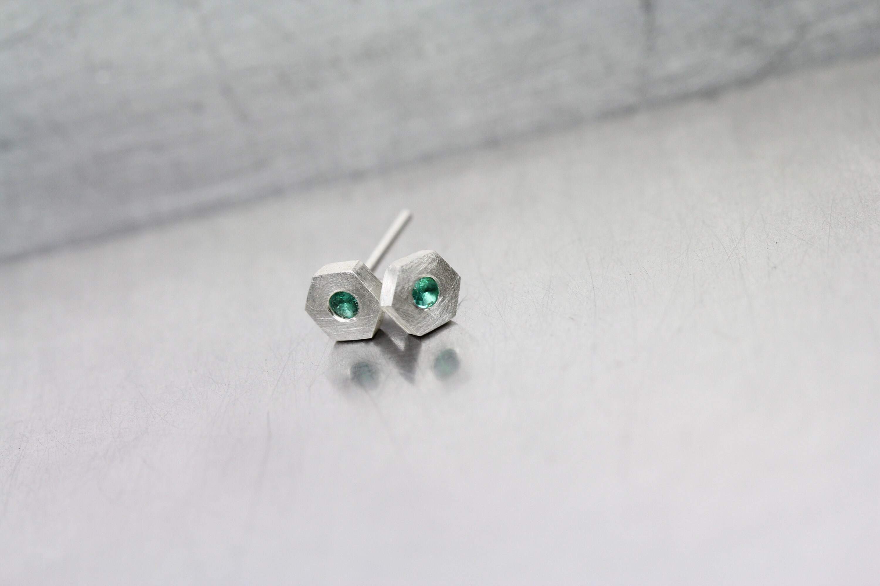 Cute Hexagon Emerald Stud Earrings May Birthstone Sterling Silver ...
