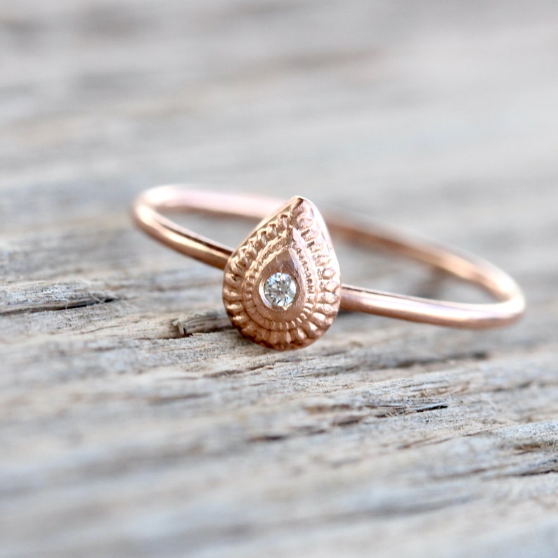Delicate Drop Shaped Bindi Diamond Ring 14K Rose Gold Symbolic Bridal ...