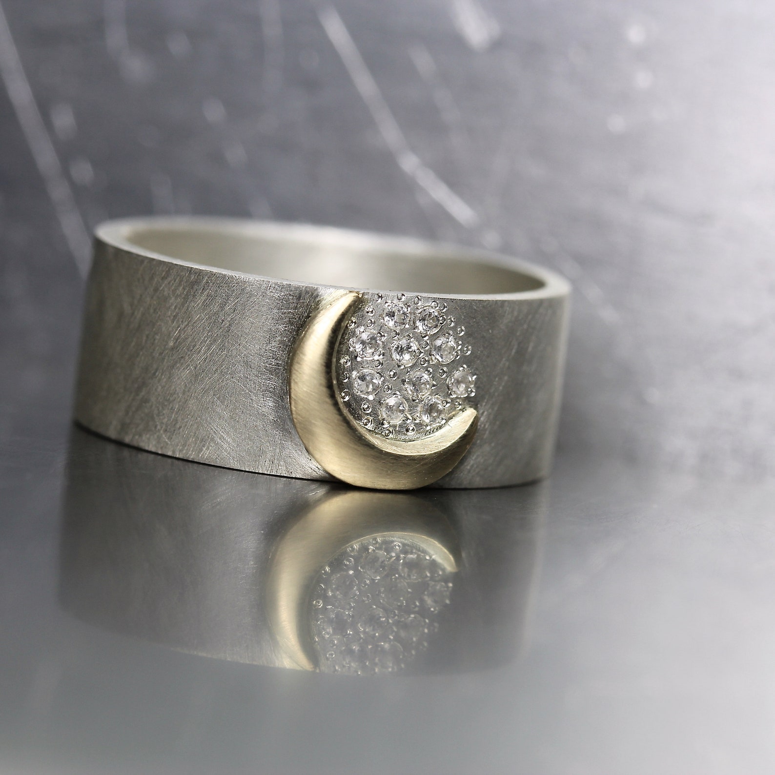 Romantic Moon and Stars Wedding Band Wide Silver 14K Yellow Gold ...
