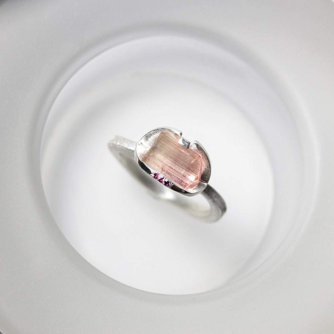Rough Pale Pink Tourmaline Crystal and Ruby Statement Ring With Folded ...
