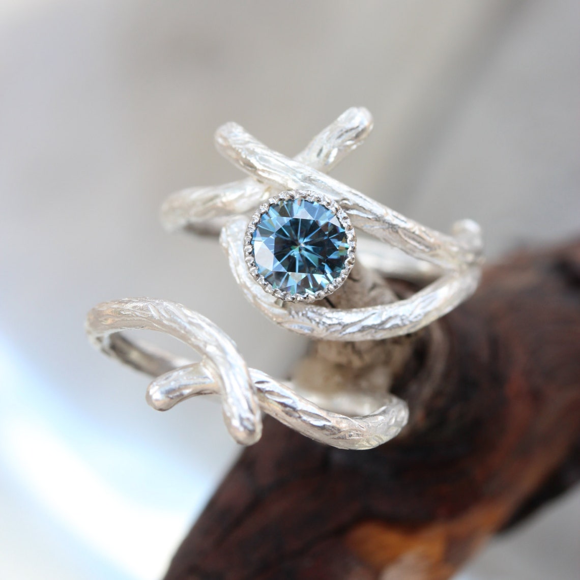 Branch Engagement Ring or Bridal Set Blue Moissanite Silver - Etsy