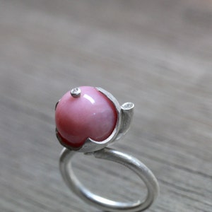 Feminine Pink Peruvian Opal Diamond Silver Ring Large Round Blush Bead ...
