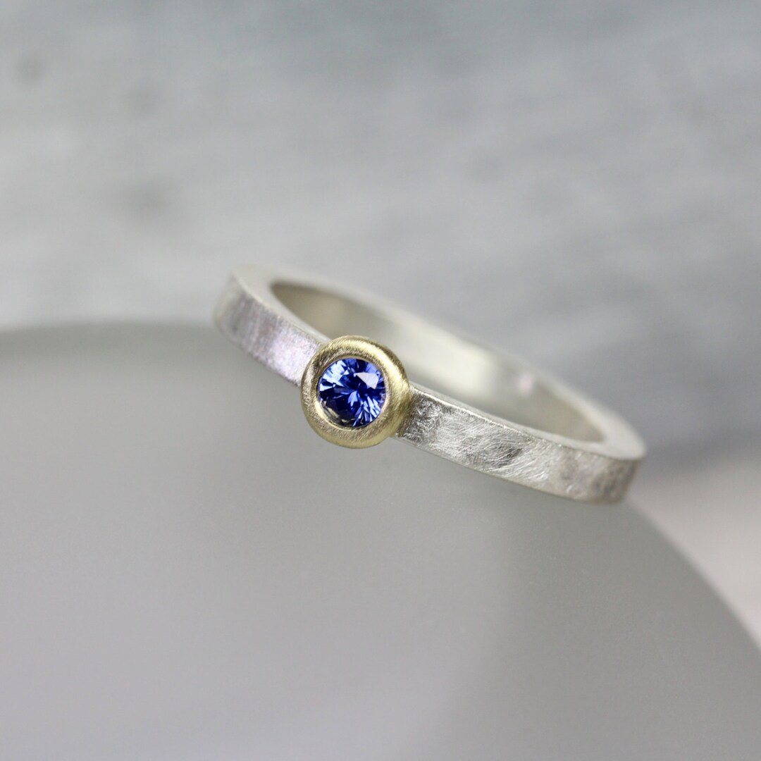 Simple Modern Blue Sapphire Engagement Ring 18K Yellow Gold Silver ...