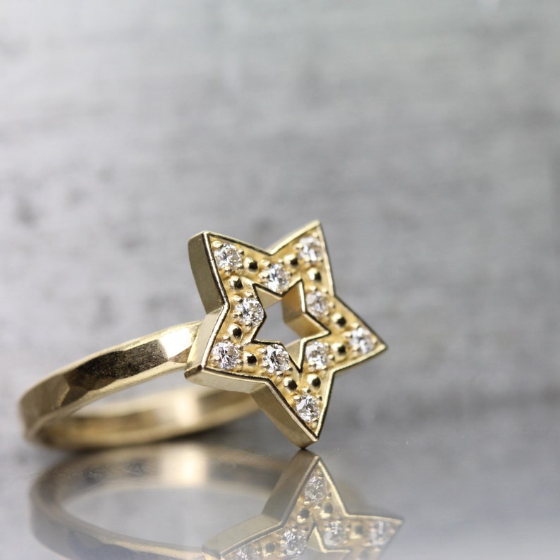 Sparkly Diamond Gold Star Engagement Ring 14K Yellow Bridal | Etsy