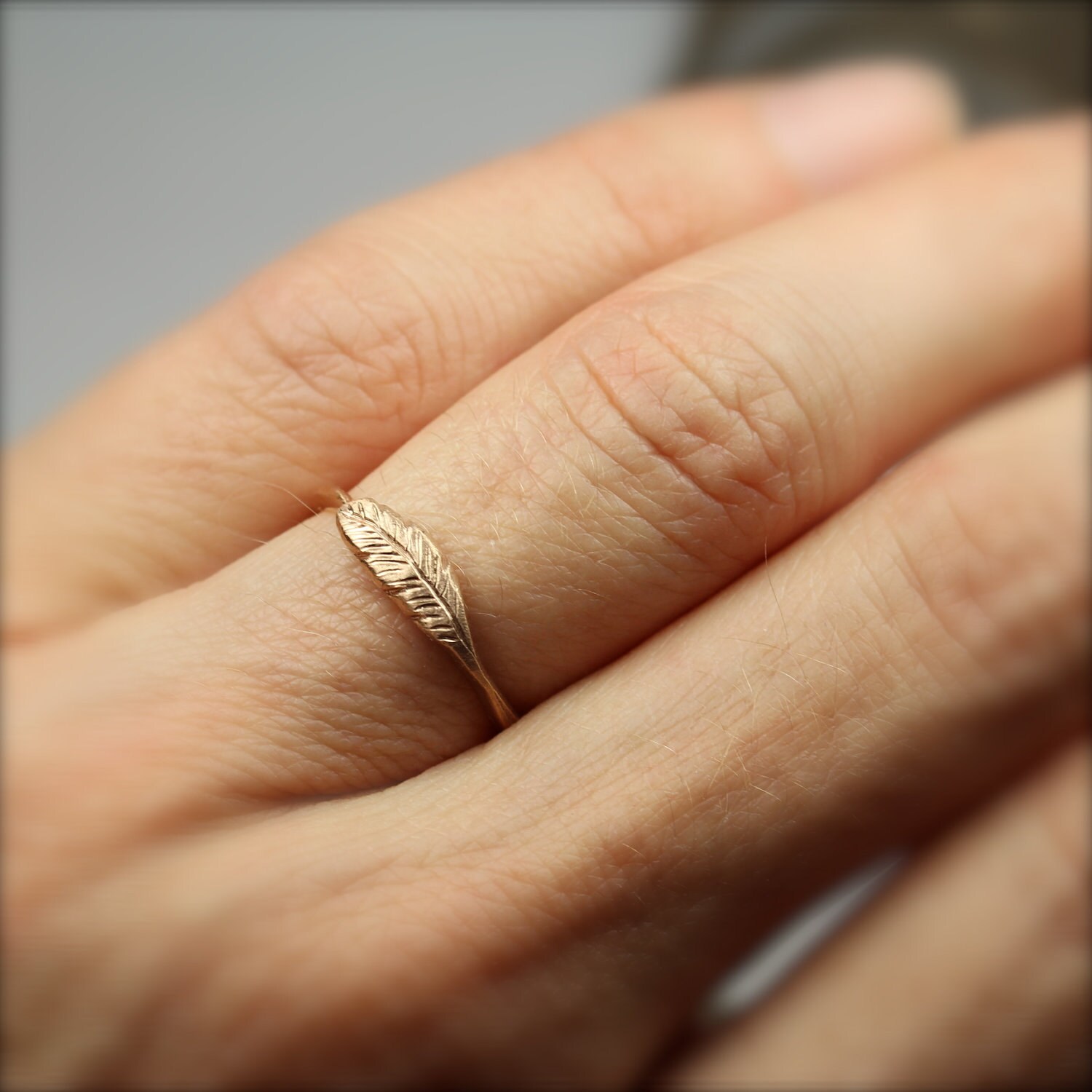 14K Rose Gold Woodland Feather Ring Delicate Cute Boho Organic - Etsy