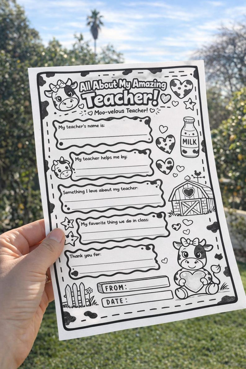 Cow Teacher Appreciation Worksheet | All About My Amazing Teacher ...