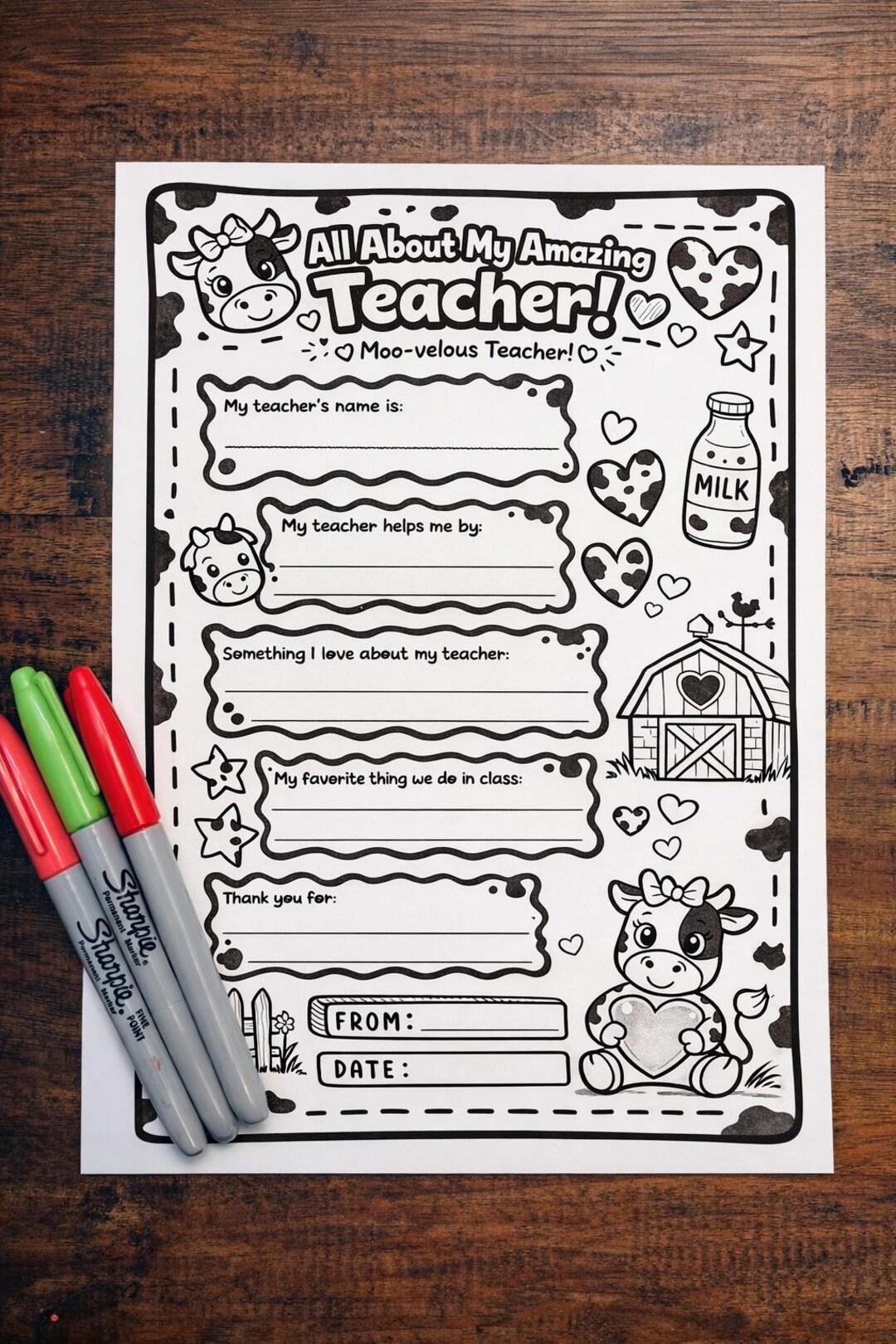 Cow Teacher Appreciation Worksheet | All About My Amazing Teacher ...