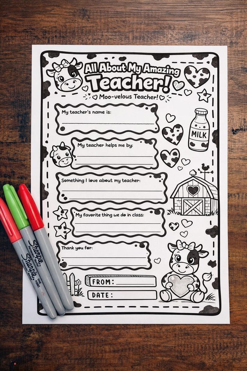 Cow Teacher Appreciation Worksheet | All About My Amazing Teacher ...