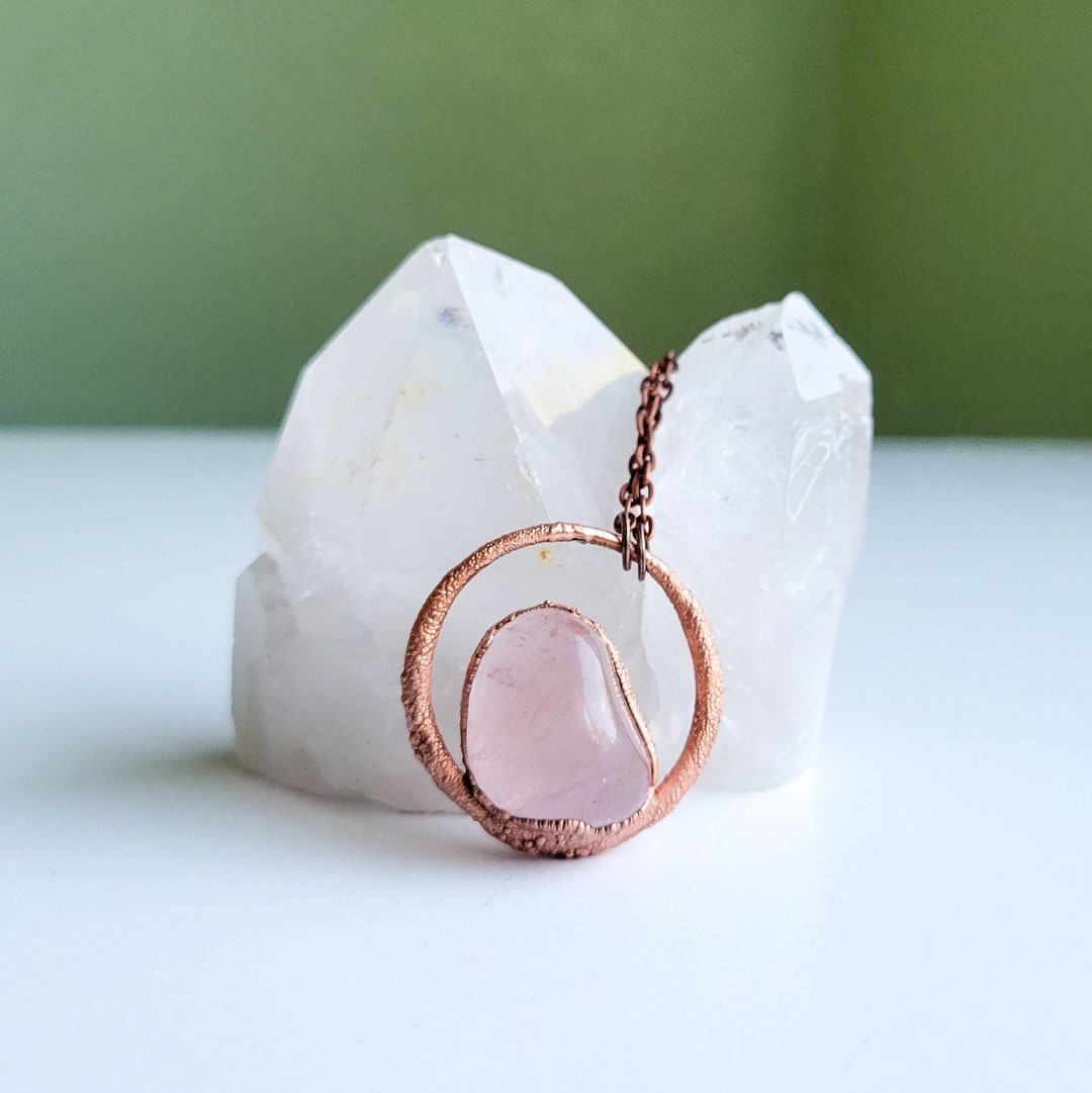Rose Quartz Circle Pendant, Copper and Crystal Necklace, Modern ...