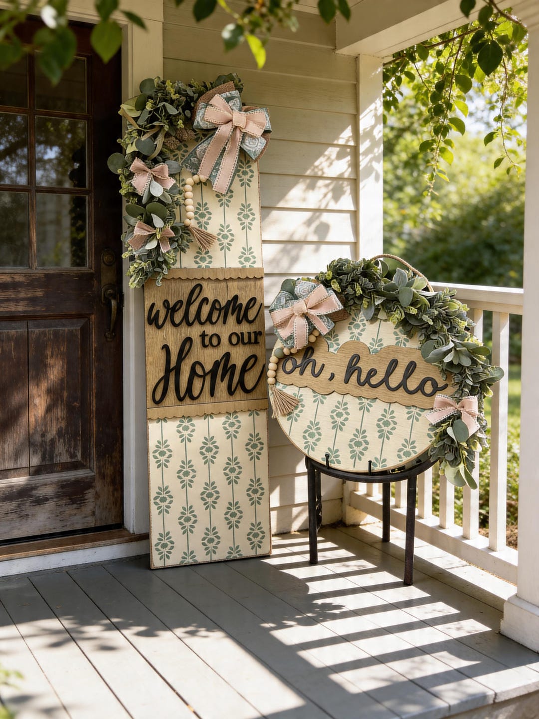 Sage Green Porch Leaner Set | Oh Hello Door Hanger | Cottage Farmhouse ...