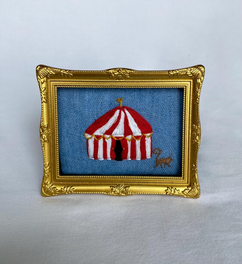 Circus Tent and Escaping Monkey Hand Embroidery Art in Golden Magnetic ...