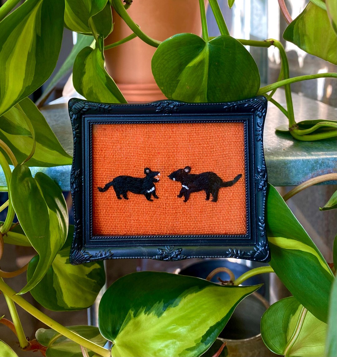 Tasmanian Devils Hand Embroidery Art in Black Magnetic Miniature Rococo ...