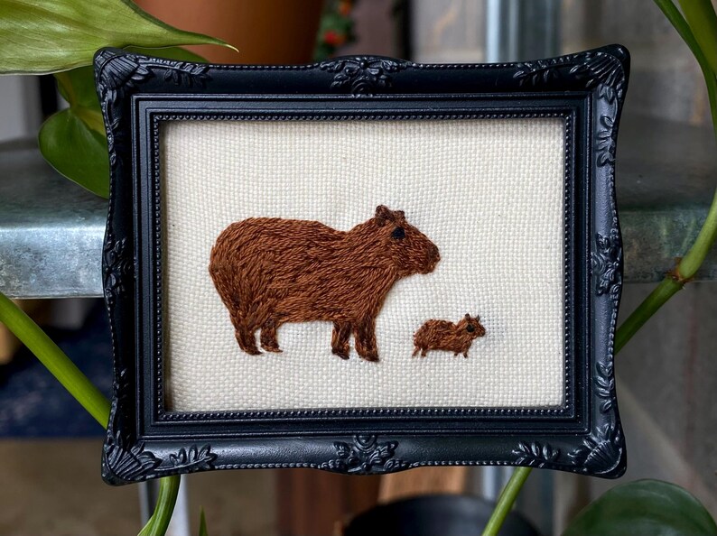 Capybara and Baby Hand Embroidery Art in Black Magnetic Miniature ...