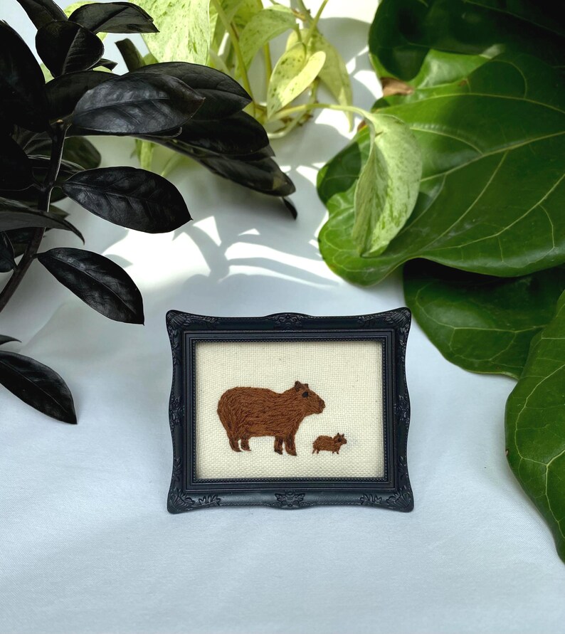 Capybara and Baby Hand Embroidery Art in Black Magnetic Miniature ...