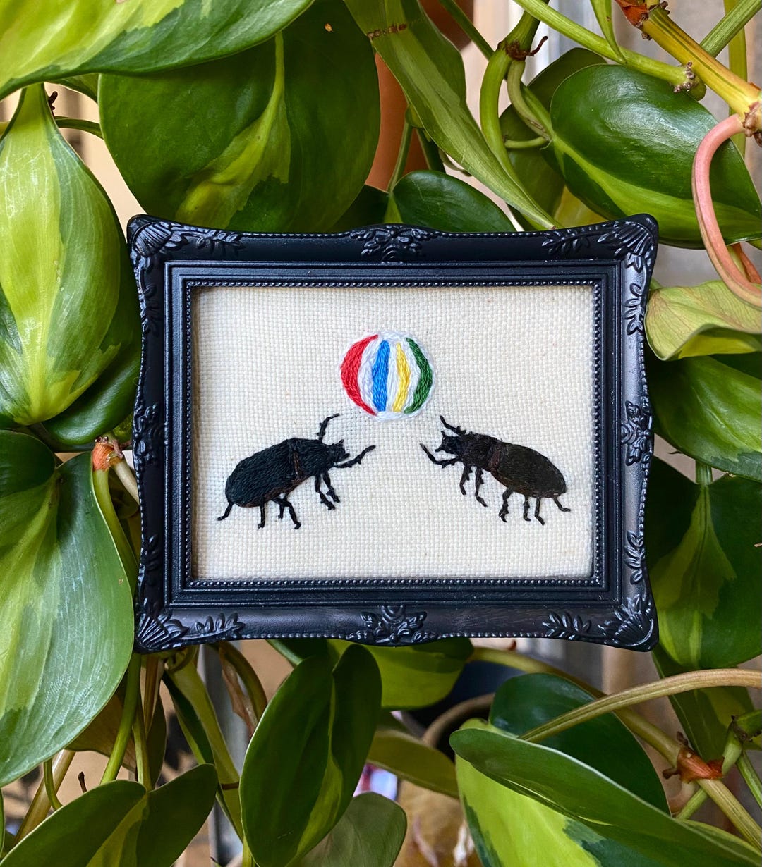 Dung Beetles With a Beach Ball Hand Embroidery Art in Black Magnetic ...