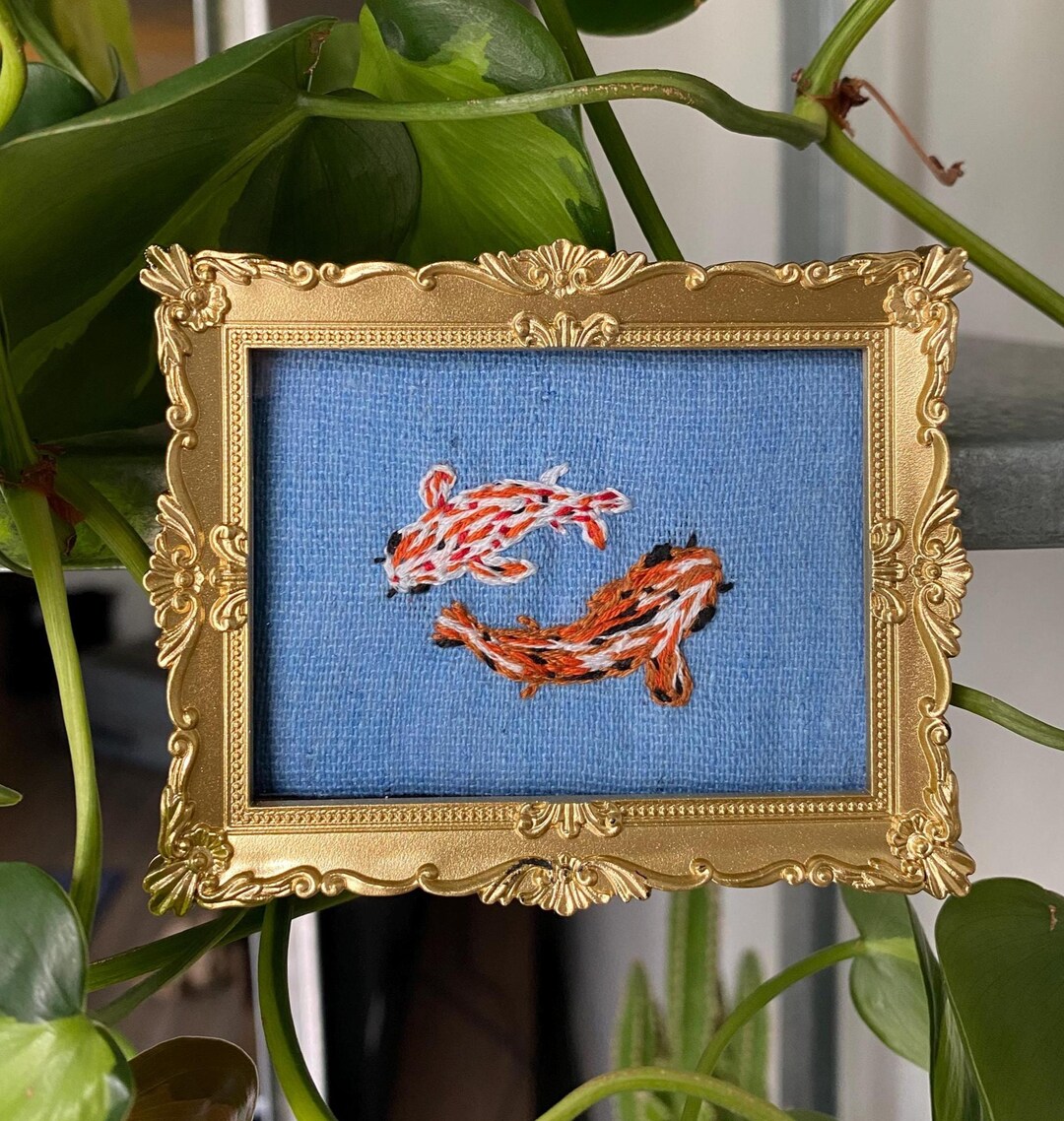 Koi Fish Hand Embroidery Art in Golden Magnetic Miniature Rococo Frame ...