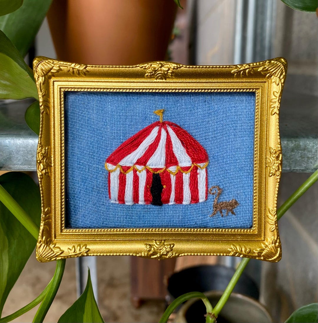 Circus Tent and Escaping Monkey Hand Embroidery Art in Golden Magnetic ...